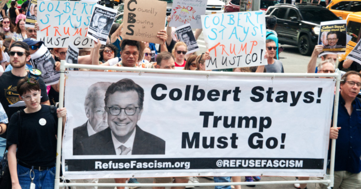 “Colbert Stays, Trump Must Go!” NYC Protest of Colbert's Cancellation ...